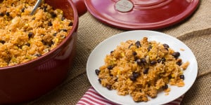 Chorizo Sausage Fiesta Rice Bake with Black Beans and Corn