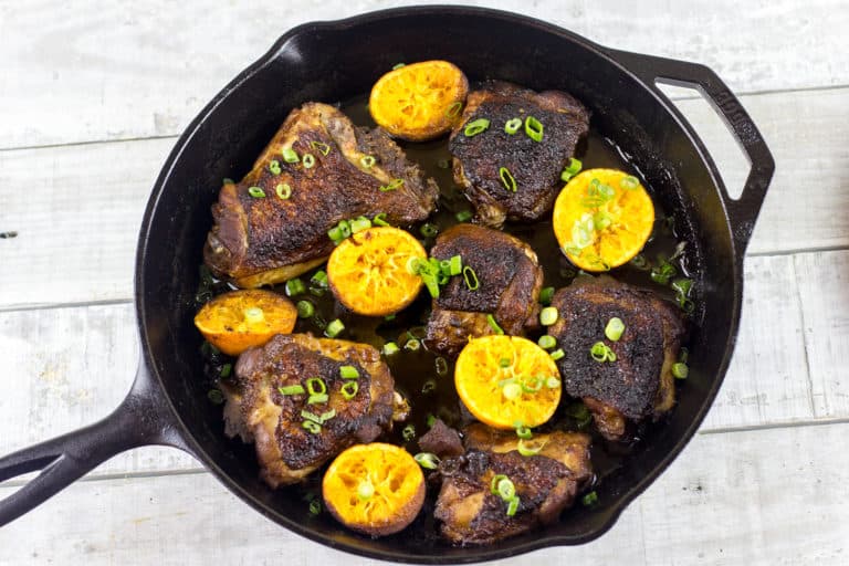 Tangerine Chicken Thighs - Cooked in a Cast Iron Skillet