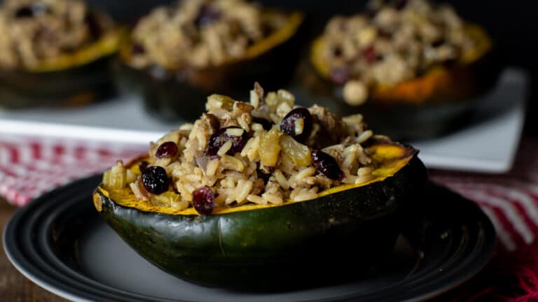 Stuffed Acorn Squash with Turkey, Cranberries and Rice.