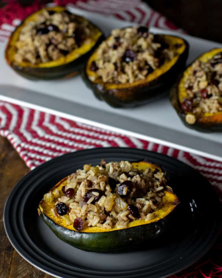 Stuffed Acorn Squash with Turkey, Cranberries and Rice.